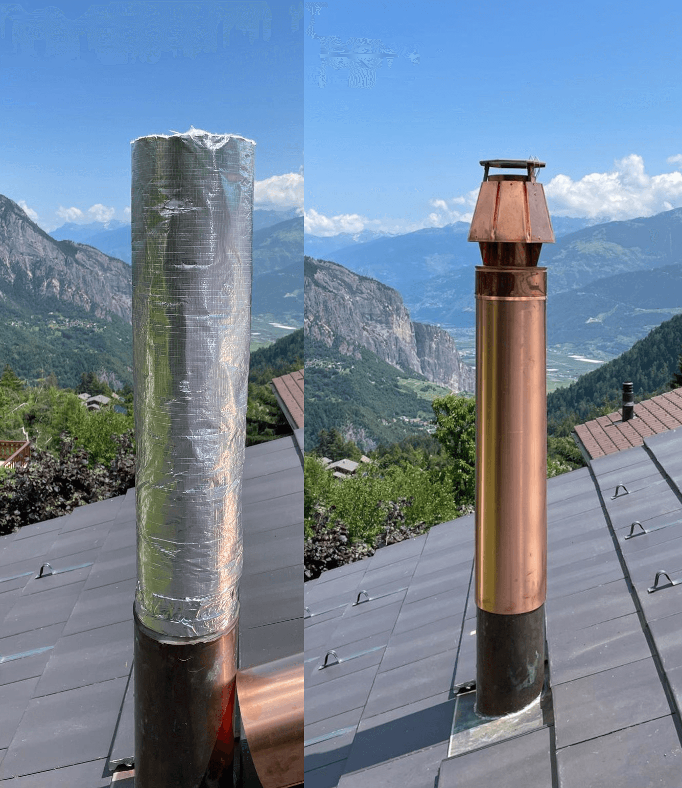 Prolongation sortie de toiture cuivre - Cheminées du Valais